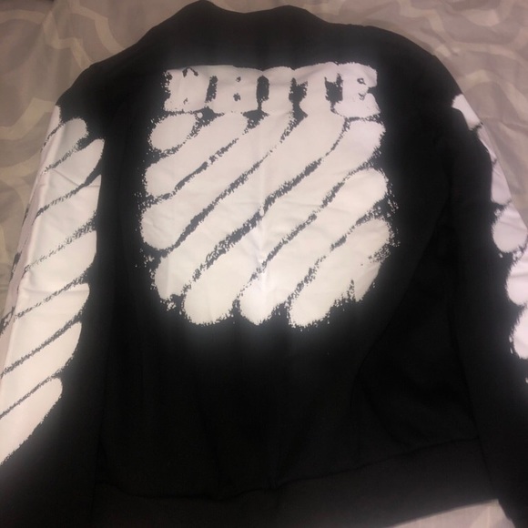 Off-White | Jackets & Coats | Offwhite Spray Paint Logo Varsity Jacket ...
